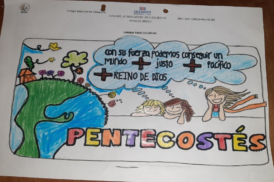 Trabajos realizados por alumnos de 1° a 6° básico para celebrar la fiesta de pentecostés